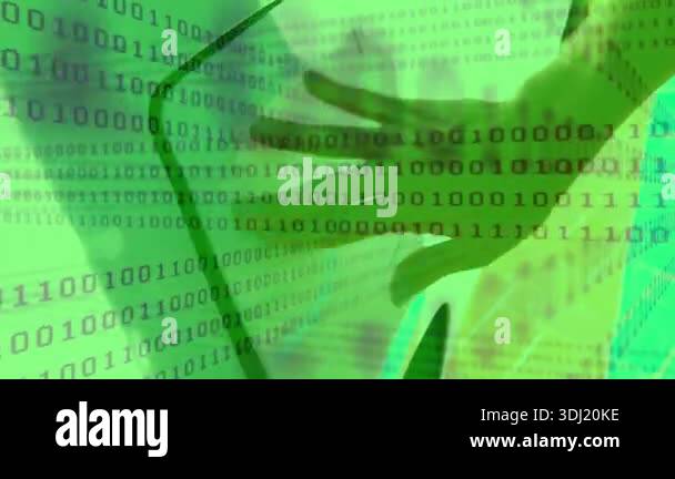 Female hand swiping green binary code overlay lifting laptop lid and ...