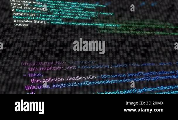 Opening green code statement appearing on 3D pixel grid scrolling syntax visualizing program ...