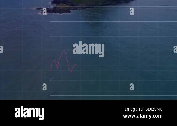 Drone hovering sea forming grid overlay, animating red and blue lines ...
