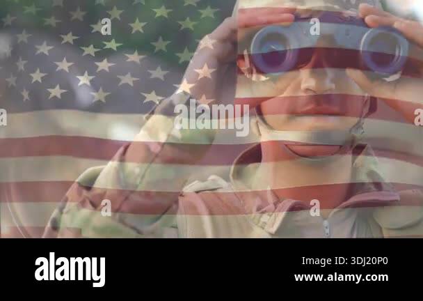 Soldier raising binoculars triggers scanning forest in military drill ...