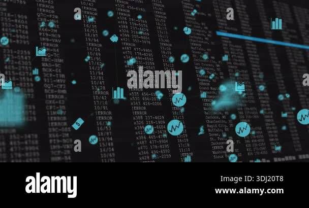 Dark screen starting flickering cyan icons forming data network ...