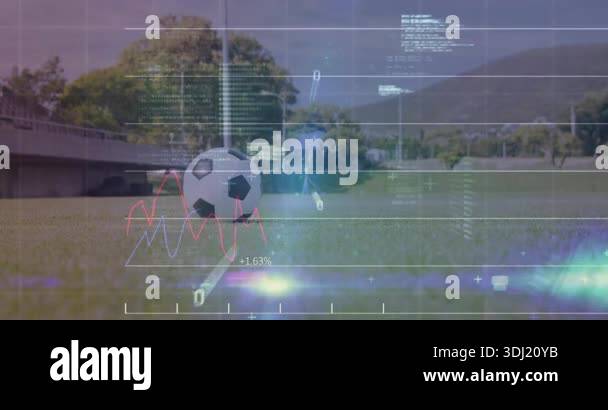 Female athlete entering frame and kicking soccer ball as tech HUD ...