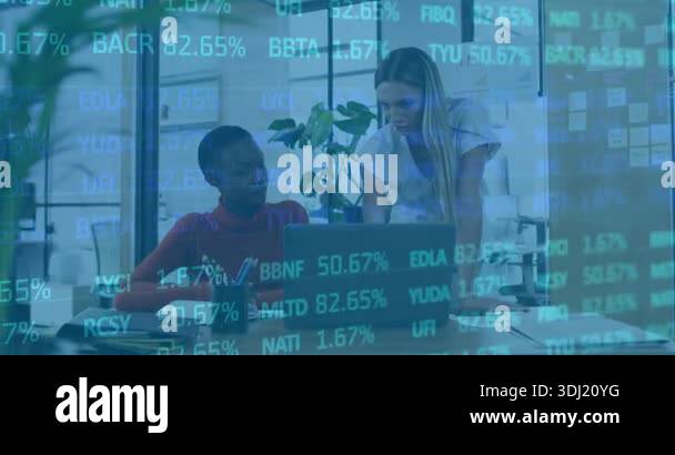 Analyst and consultant reviewing finance data on laptop, activating ...