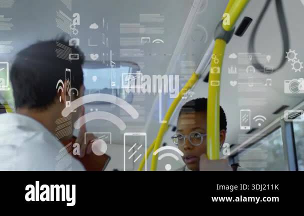 Male passenger boarding bus and explaining business data via smartphone ...