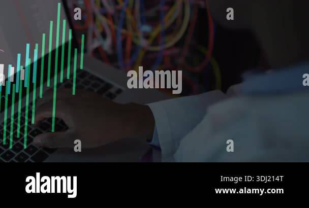 Network engineer typing on laptop, generating data bars and red ...