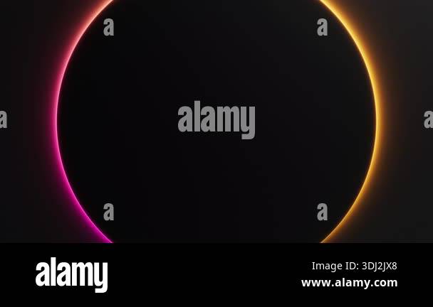 Red orange neon light is moving around black round frame on dark ...