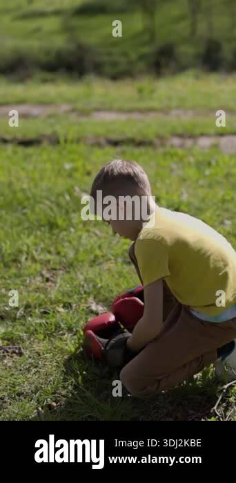 Child boxer training with boxing gloves, punching a tree in a meadow ...