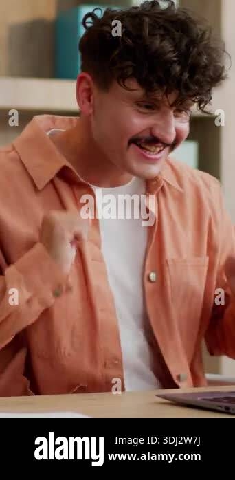 Happy Caucasian business man typing laptop dancing celebrating online ...