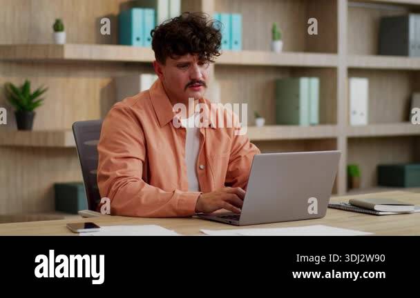 Sad Caucasian businessman typing computer business man tired close ...
