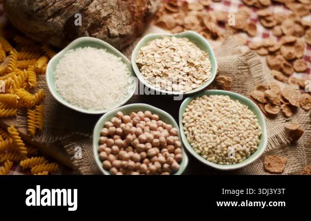 Close-up of assorted carbohydrate-rich foods arranged on a table ...