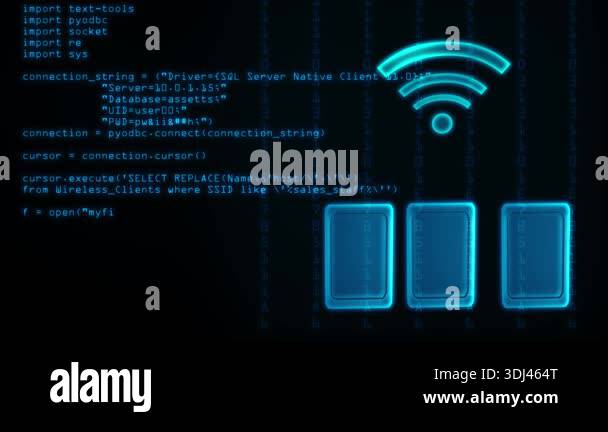 Computer code generating on screen with wifi and phone symbol 4k black ...