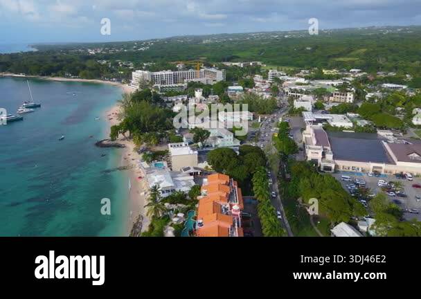 Holetown Beach and coastal resorts aerial view in historic city center ...