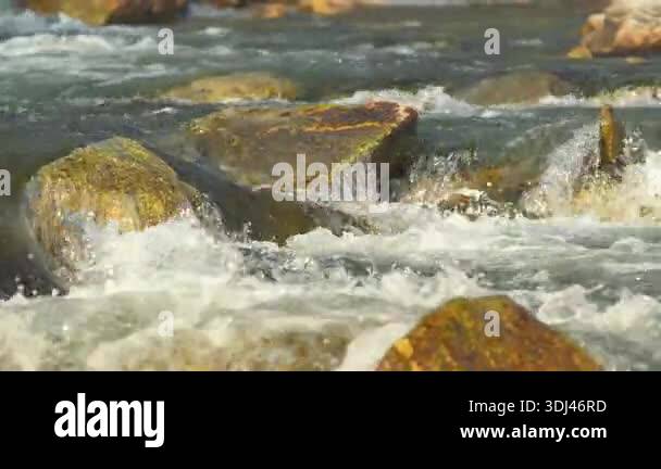 River flowing over rocks cascade on sunny day, closeup detail, slow ...