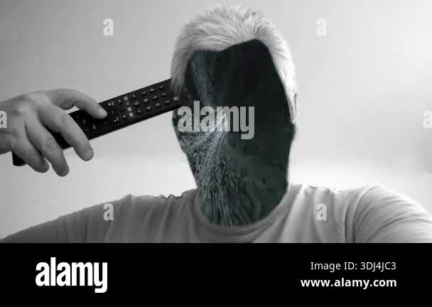 Man whose face is replaced by television static holding a remote ...