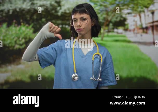 Woman nurse in blue scrubs gives thumbs down with yellow stethoscope in ...