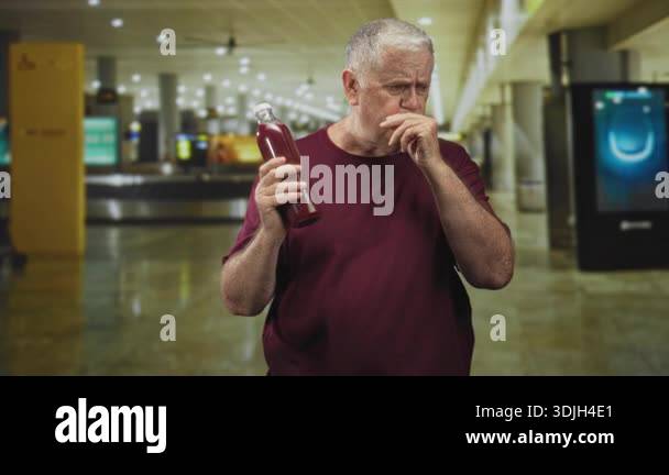 Man holding pomegranate juice bottle, hand to cheek while inspecting ...