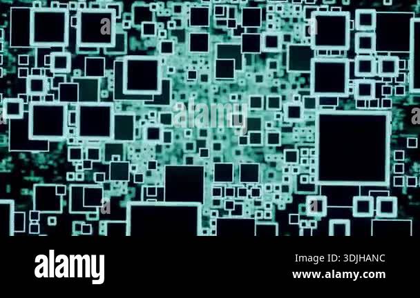 Cyan Square Matrix On Black Background, Dense Fractal Of Outlined ...