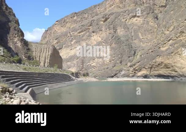 Terraced Embankment Overlooking Calm Reservoir Pool, Concrete Steps ...