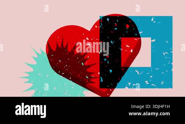 Risograph Red Heart with geometric shapes animation. Moving object in ...