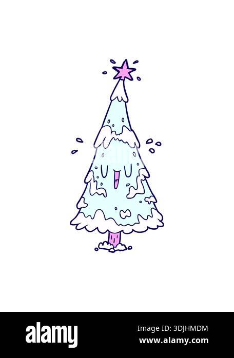 neon light effect animation of snowy christmas tree with happy face ...