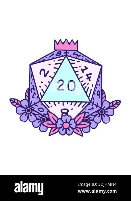 vibrating motion animation of natural 20 D20 dice roll with floral ...