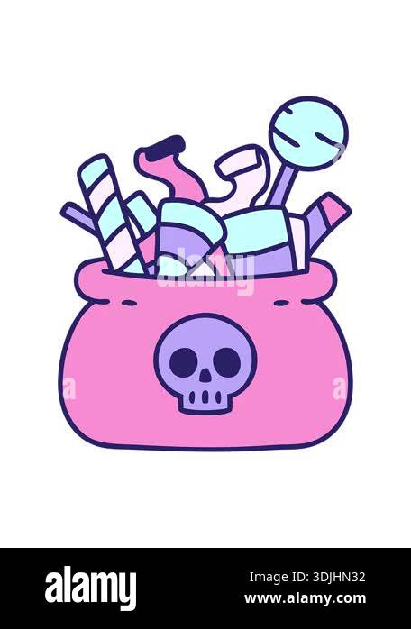 jiggle and pause animation of cartoon of a halloween candy bag full of ...