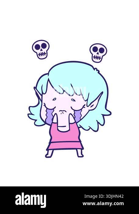 spinning skulls animation of cartoon crying elf girl design Stock Video ...