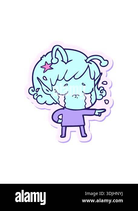 popping motion animation of sticker of a cartoon crying alien girl ...