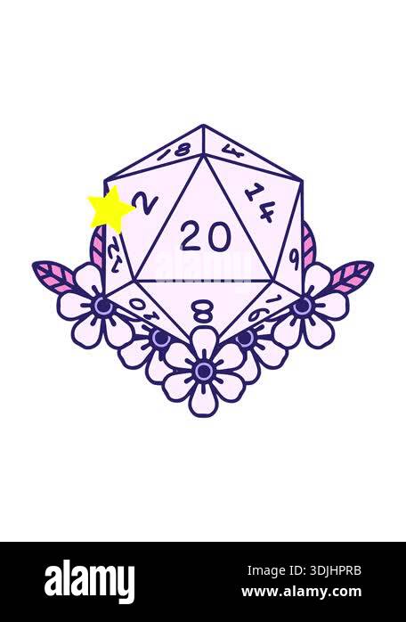 twinkling stars effect animation of D20 dice roll with floral element ...