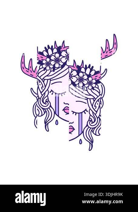 splitting motion animation of Retro Tattoo Style crying elf druid ...