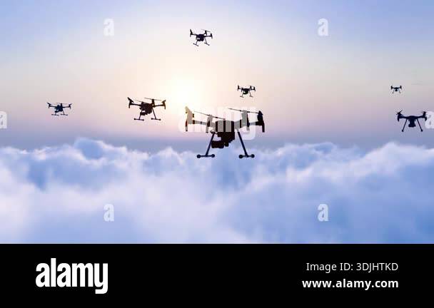 Drone formations flying above the clouds(3D software Lumion makes non ...