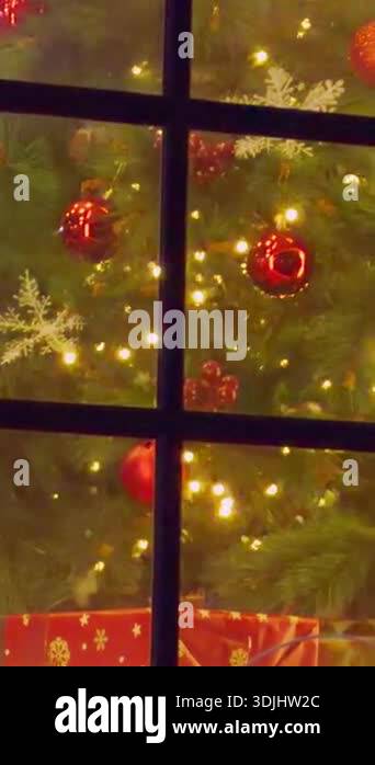 Vertical video. Close Up of Christmas Tree behind Window showing Bright ...