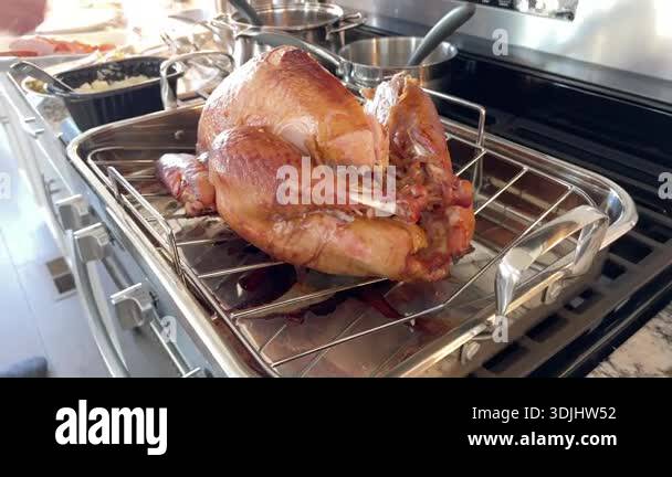 A man is seen adjusting or handling a roasted turkey in a roasting pan ...