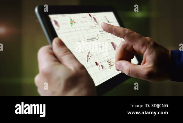 Fake news charts and graphs diagram on touchscreen pad display. Finger ...