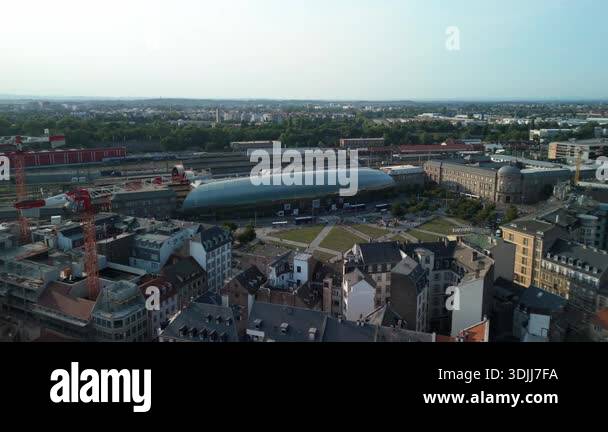 Aerial view of Strasbourgs central train station during late afternoon ...
