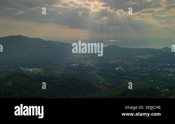 Aerial panorama of Koh Samui tropical hills and coastal village with ...