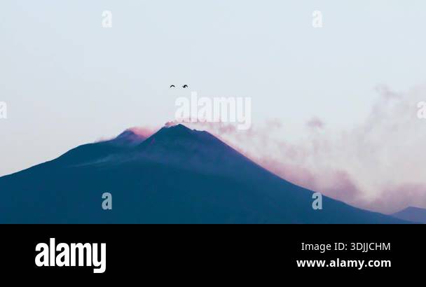 Erupting Mount Etna at dawn with birds flying Stock Video Footage - Alamy