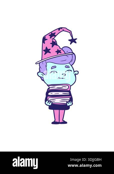 shine light effect animation of happy cartoon wizard with stack of new ...