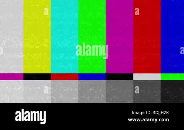 A vintage television test pattern featuring colorful vertical bars and ...