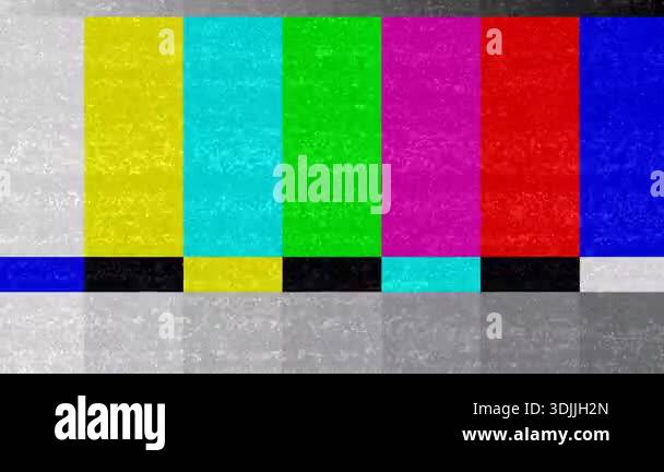 A classic television color bar test pattern, complete with grainy ...