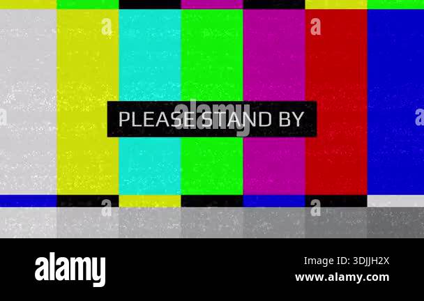 A classic television test pattern with colorful vertical bars, a black ...
