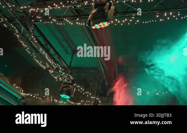 Stage Lights With Red Smoke And Teal Haze, Fairy String Lights Draped ...