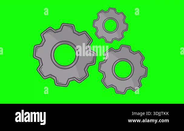 video 2d animation of three grey gears rotating together, green chroma ...