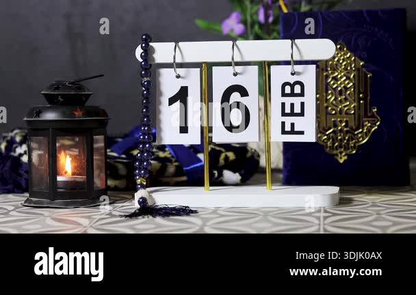 Ramadan February 16 Calendar Display With Islamic Book, Lantern, and ...