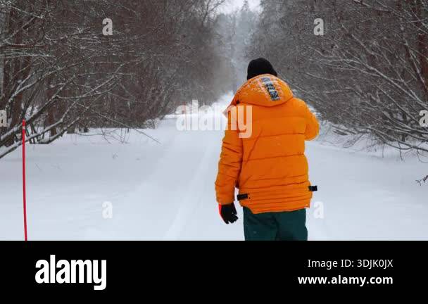 4k video. A man in the forest talks on the phone and walks. He is ...