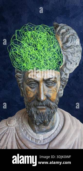 Ancient sculpture head with brain over concentric circles and waveforms ...