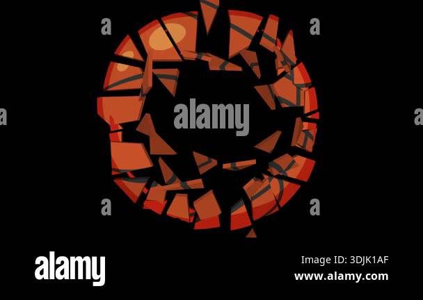 A stylized basketball rotates, shatters into fragments, and then ...