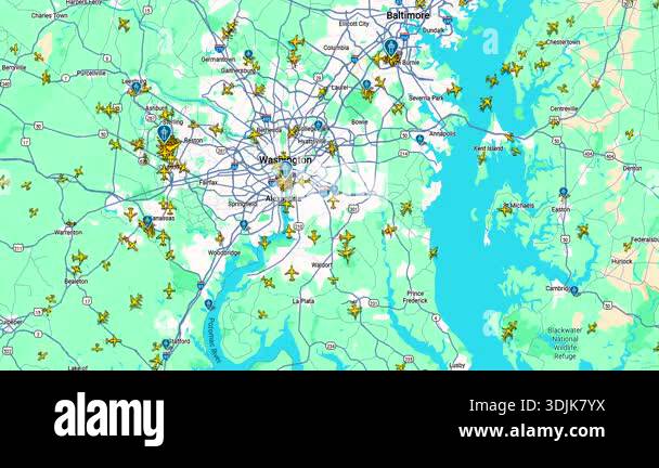 Air traffic map in the Washington area, visualisation of aviation ...