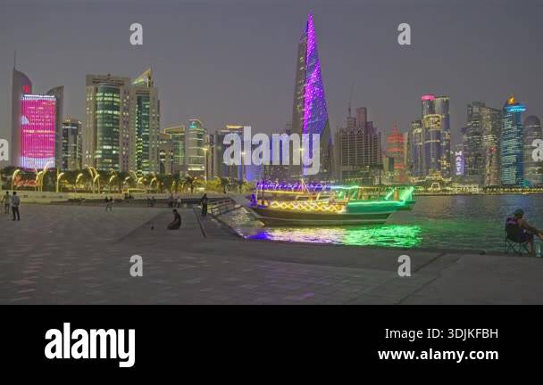 Doha, Qatar-October 21 2025: Doha skyline at sunset from the corniche ...