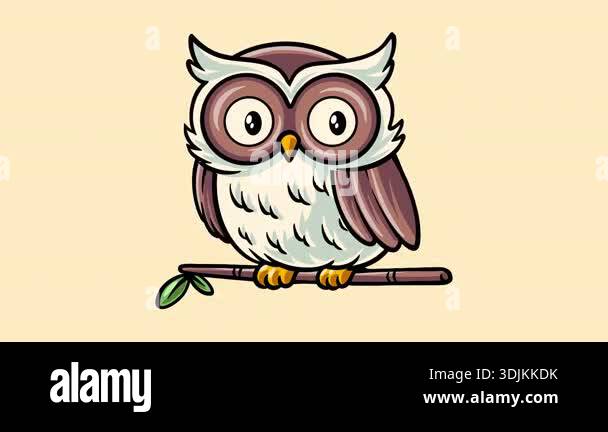 Cute owl cartoon illustration perched on tree branch with big eyes ...